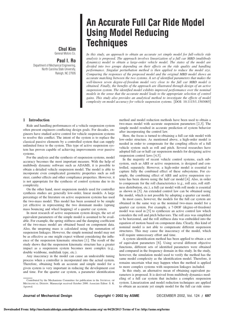 An Accurate Full Car Ride Model Using Model Reducing Techniques | PDF ...