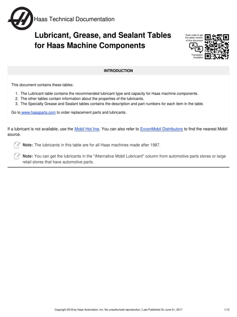 Lubricant Grease and Sealant Tables For Haas Machine Components | PDF | Motor Oil | Oils