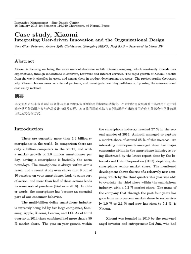 Case Study, Xiaomi: Integrating User-Driven Innovation and The Organizational Design | PDF ...