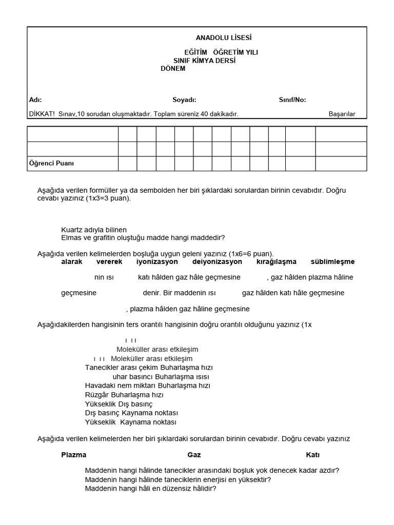 9.sinif Ki̇mya 2.dönem 2.yazili Sorular Ve Cevap Anahtari | PDF