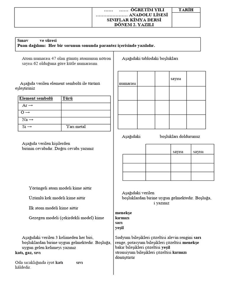 9.sinif Ki̇mya 1.dönem 2.yazili Cevap Anahtari 2023-2024 | PDF
