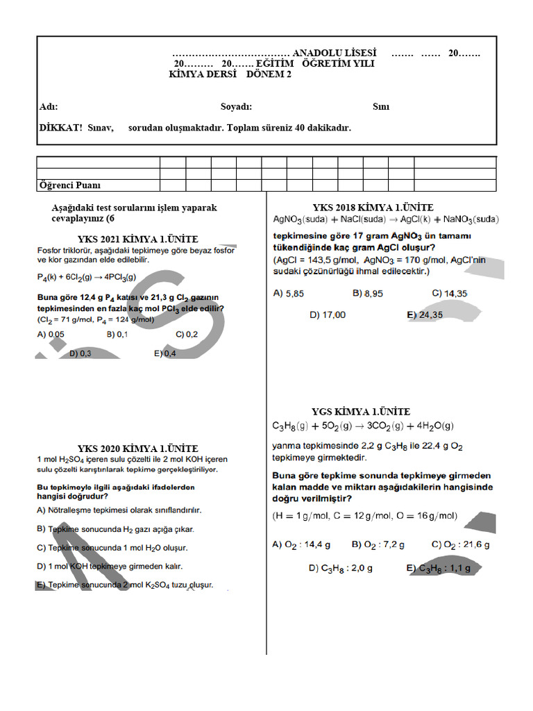 2023-2024 10.SINIF KİMYA 1.DÖNEM 2.YAZILI SORULAR VE CEVAP ANAHTARI | PDF