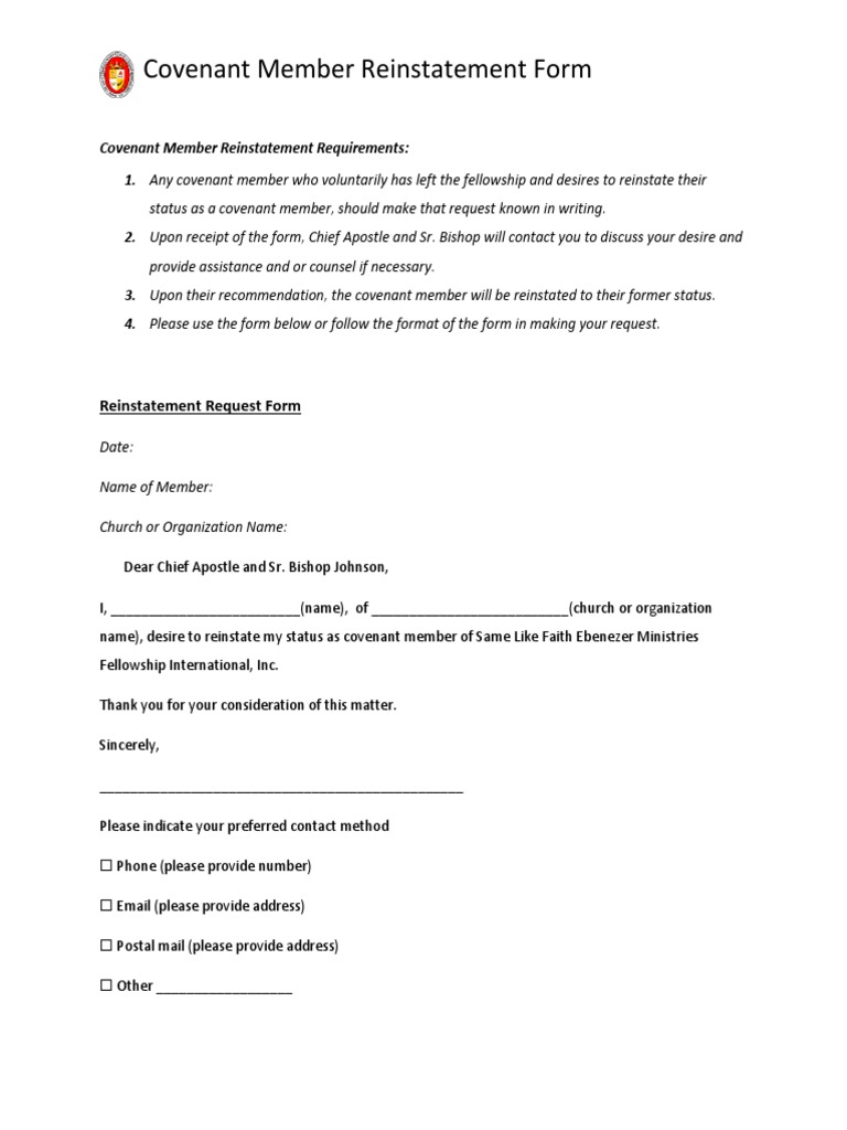 Covenant Reinstatement Form | PDF