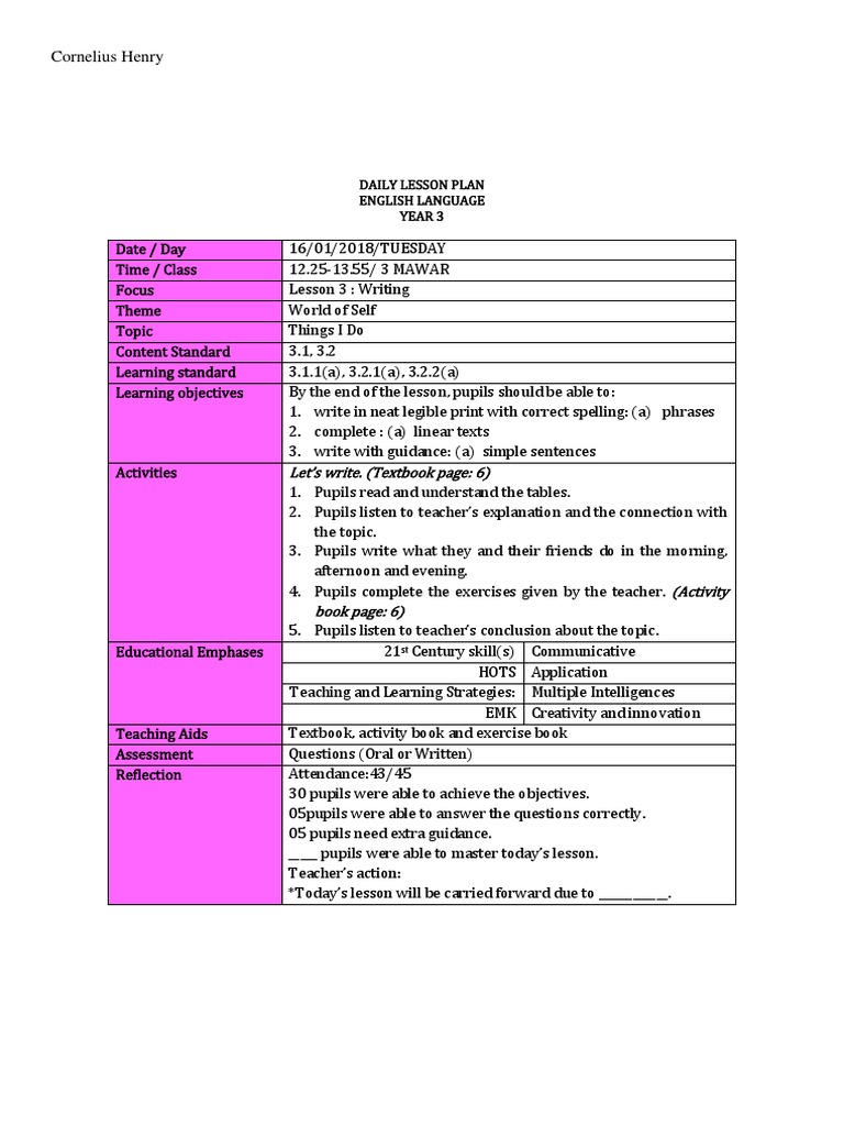 Daily Lesson Plan English Year 3 Week 3 | PDF | Lesson Plan ...