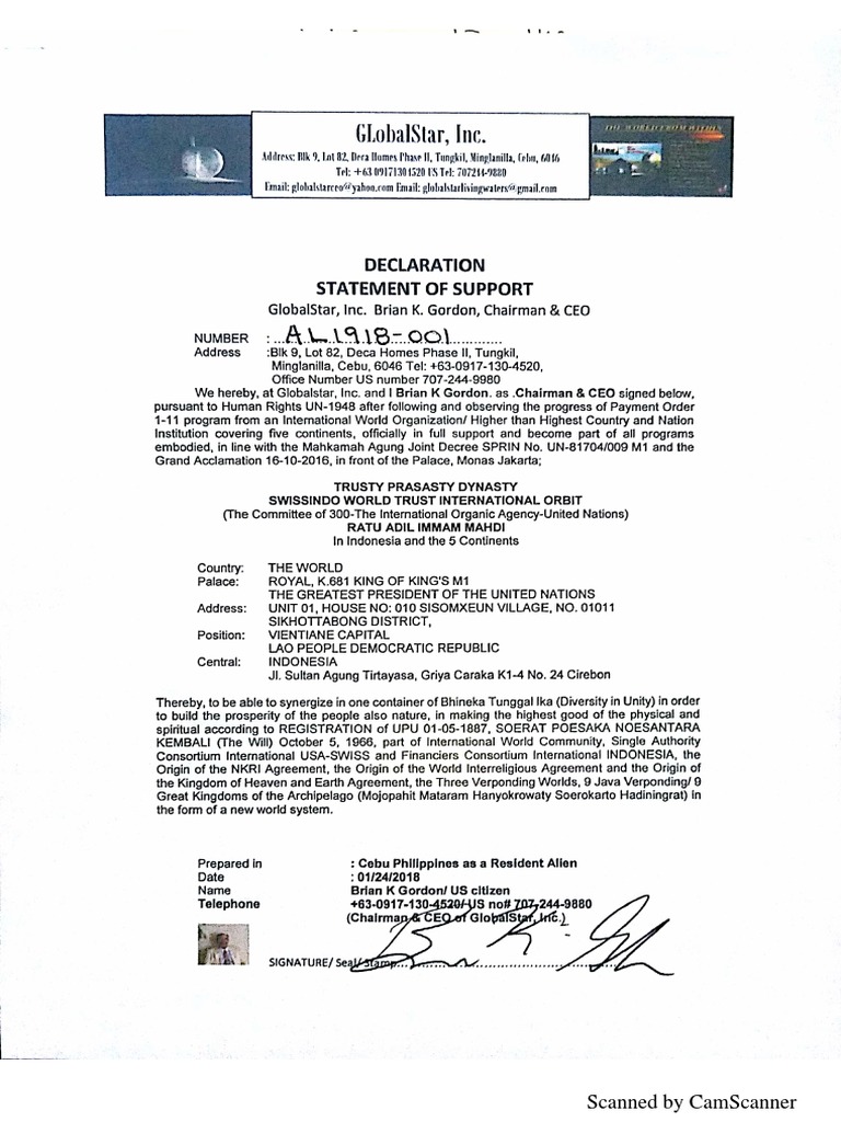 Declaration of Statement of Support For UNSWISSINDO Globalstar Inc. 25 ...