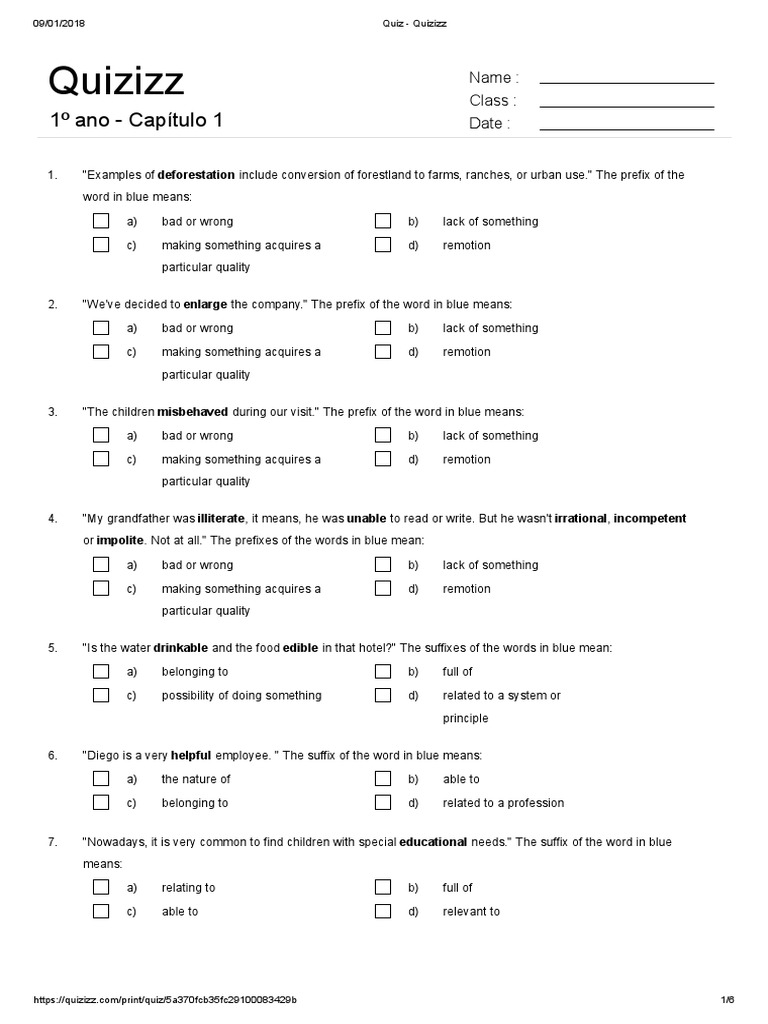 Quiz Prefixes and Suffixes | PDF | Adverb | Languages
