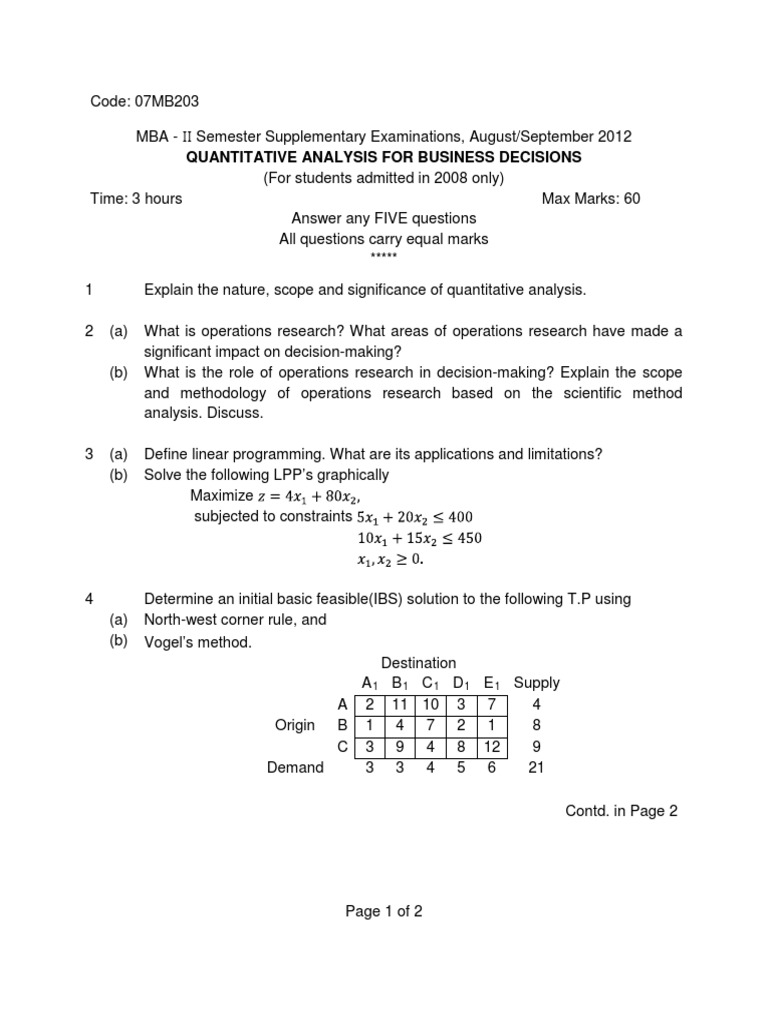 07MB203 Quantitative Analysis For Business Decisions | PDF | Operations ...