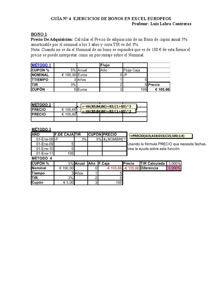 Guía N° 4 Ejercicios De Bonos En Excel Europeos Profesor: Luis Labra ...