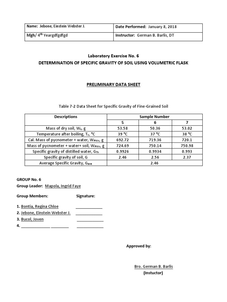 Laboratory Exercise No. 6 Determination of Specific Gravity of Soil ...