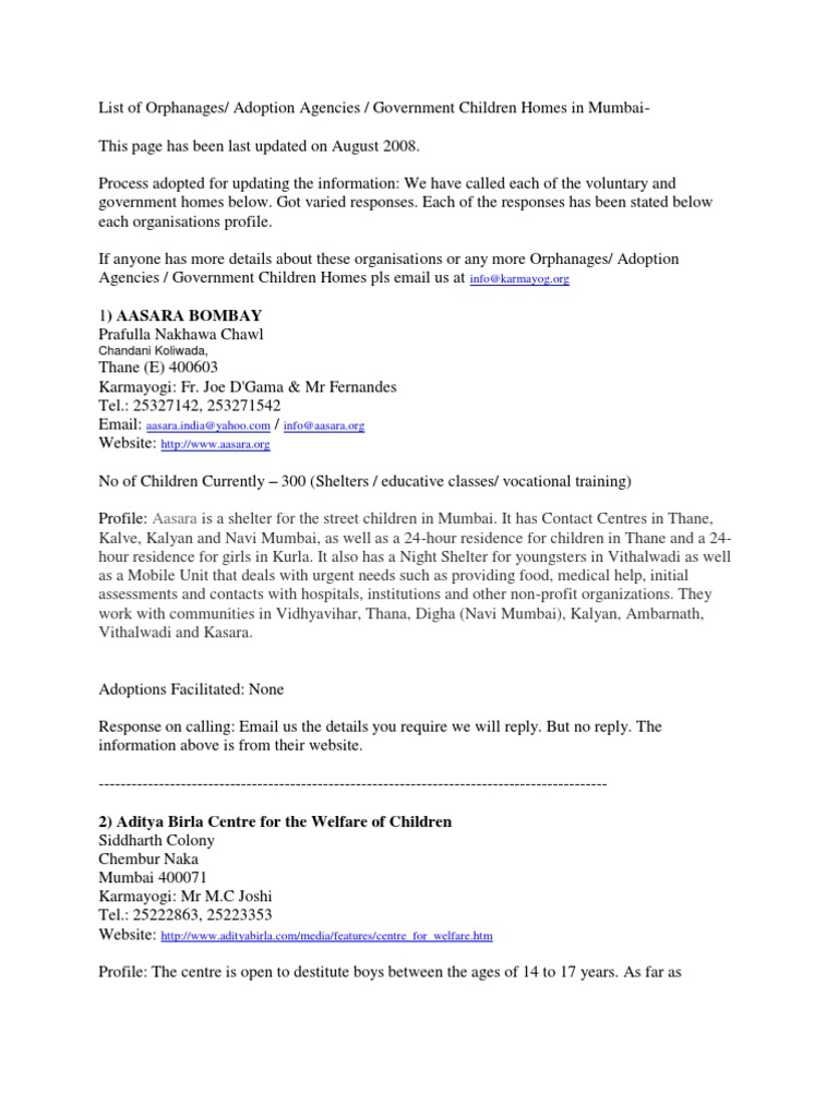 List of Orphanages | PDF | Orphanage | Adoption