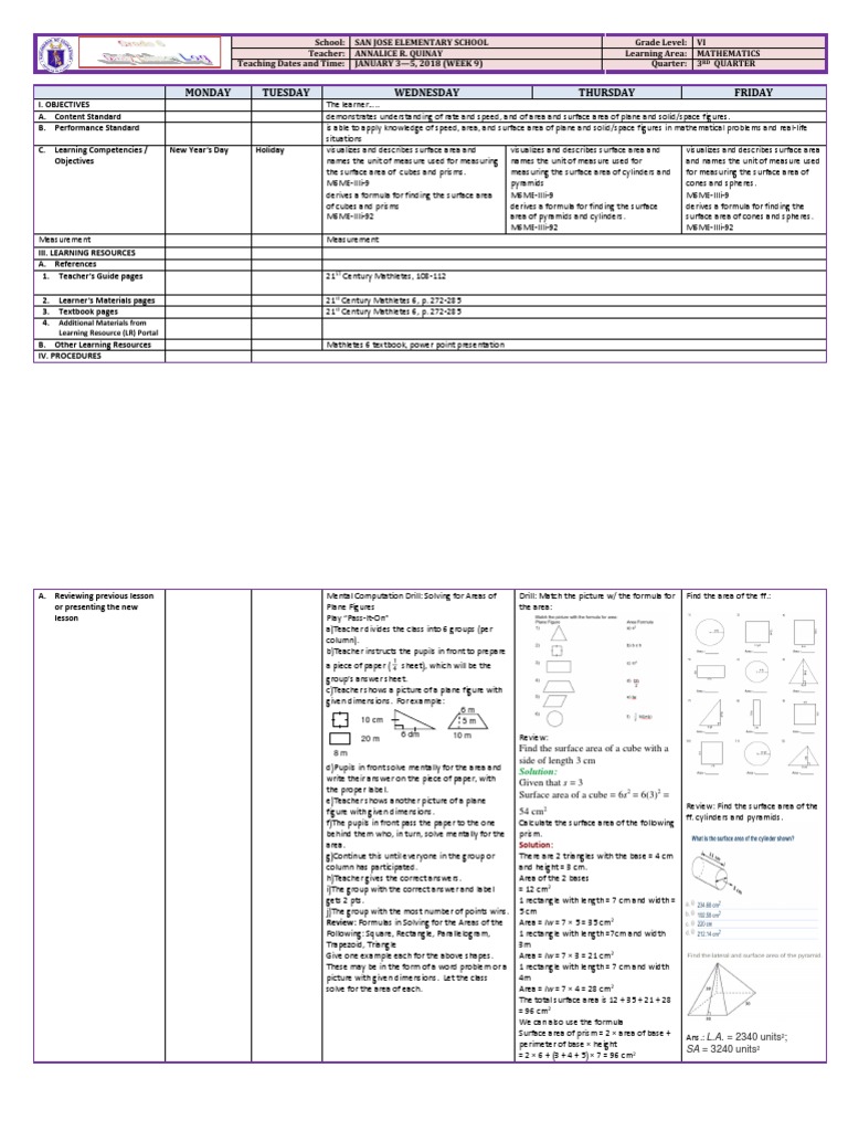 Grade 6 Surface Area Lesson Plan | PDF | Area | Surface Area
