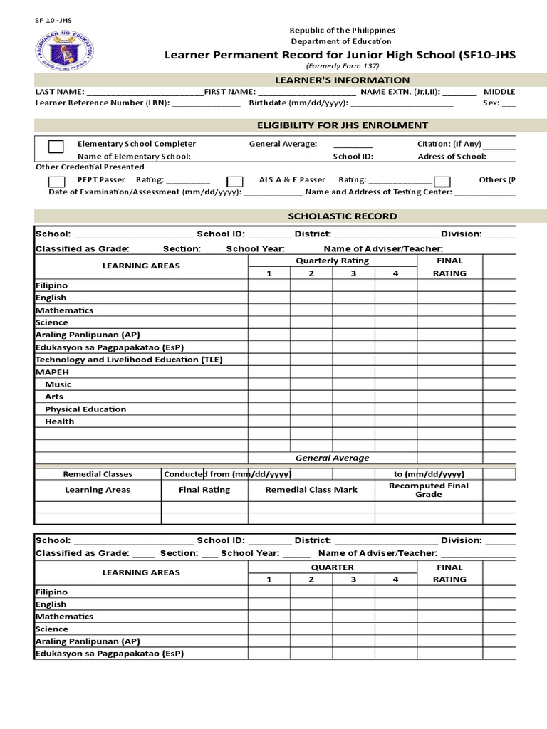 Junior High School SF10 Form | PDF | Middle Schools | Physical Education