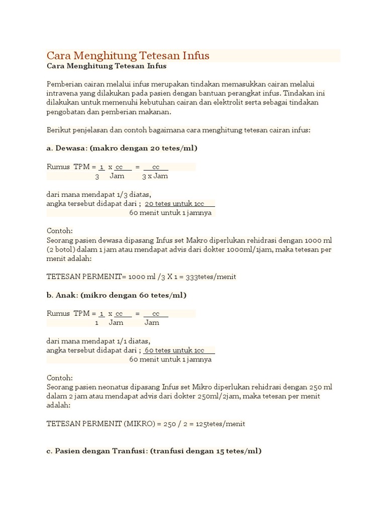 Menghitung Tetesan Infus dengan Rumus | PDF