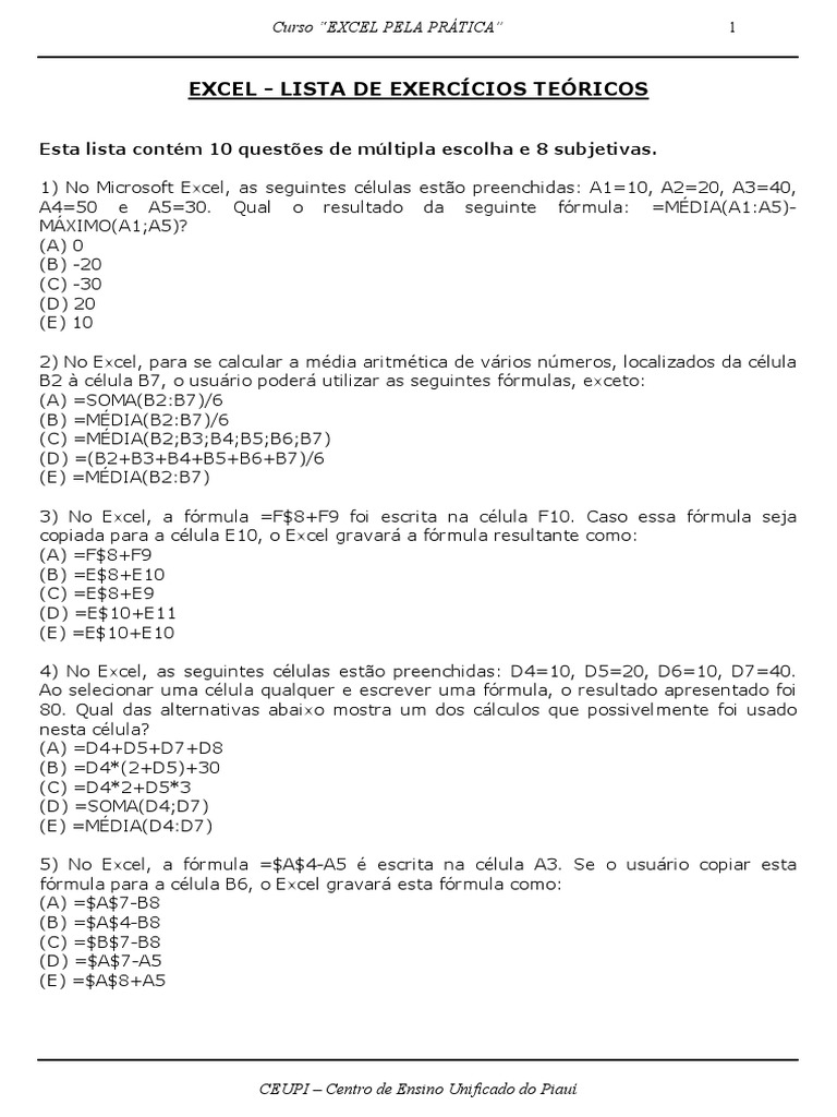 Lista de Exercícios de Excel Básico | PDF | Planilha | Microsoft Excel
