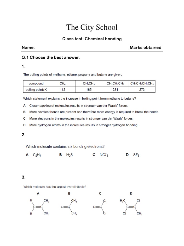 The City School: Class Test: Chemical Bonding Name: Marks Obtained Q.1 ...