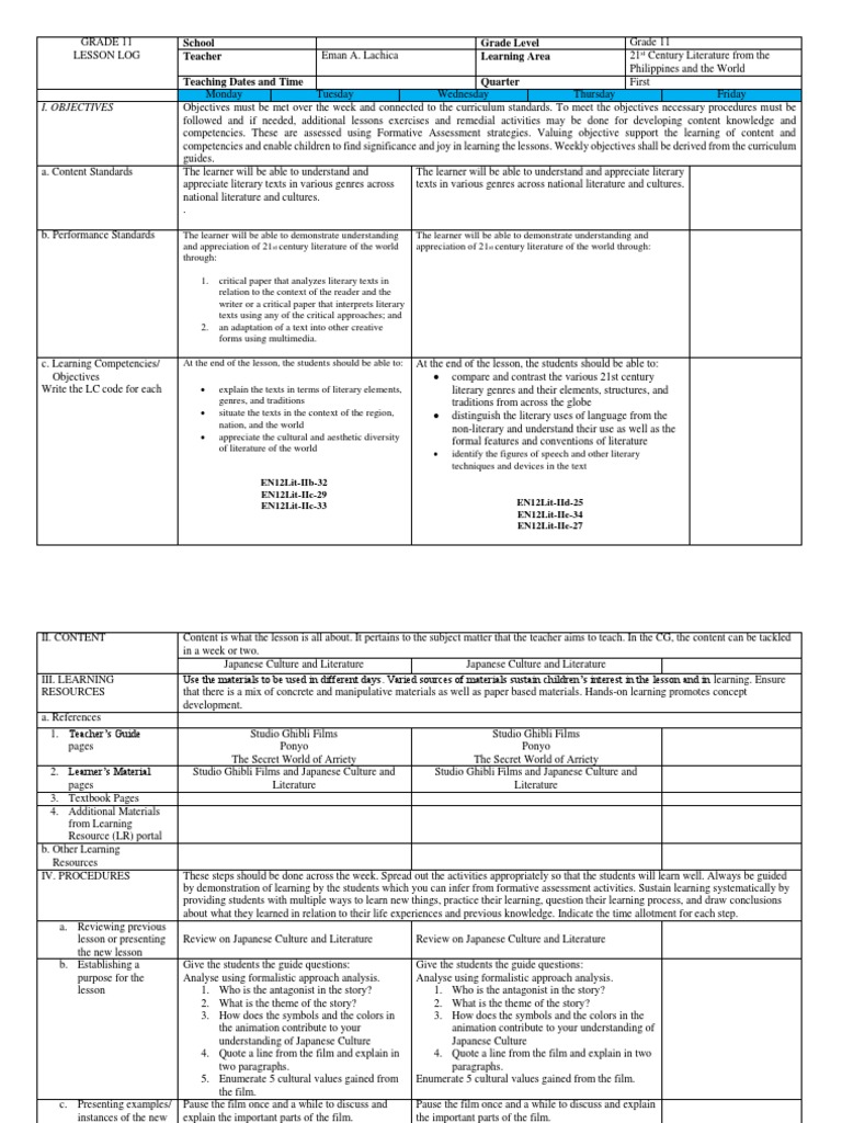 Grade 11 Literature Lesson Plan | PDF | Educational Assessment | Learning