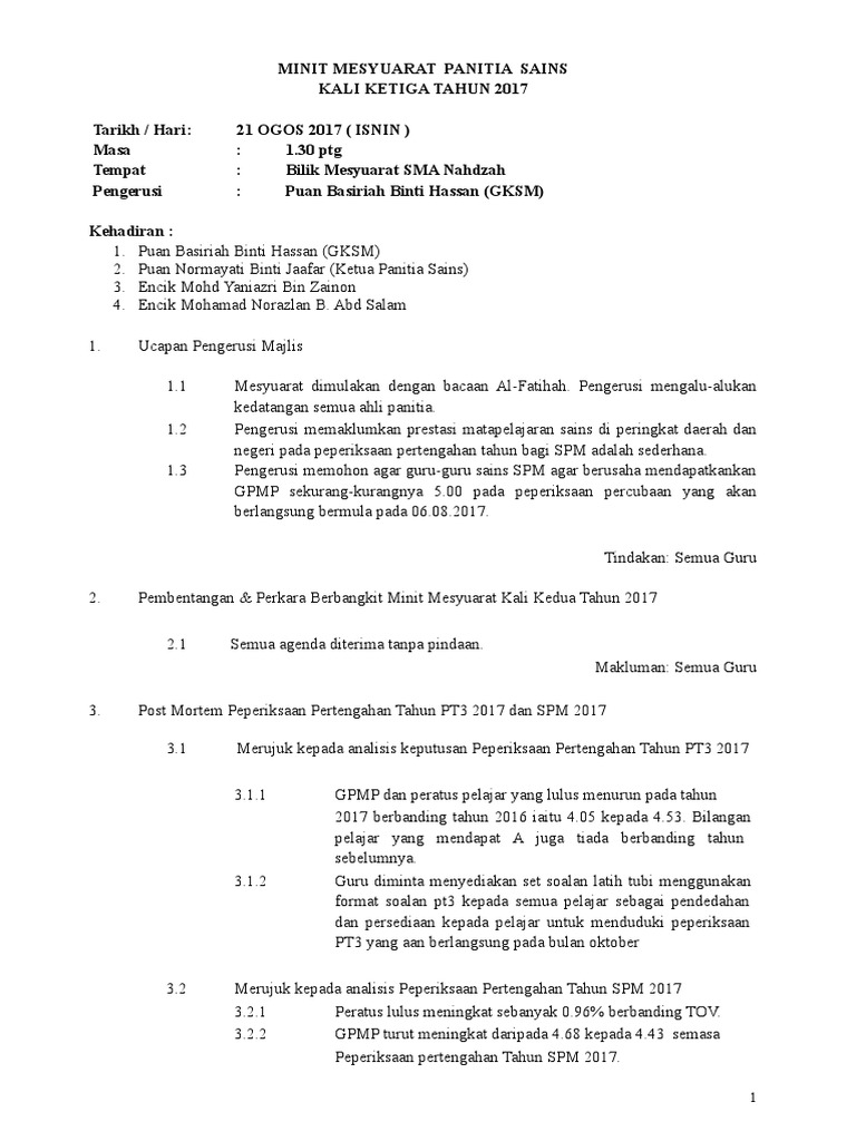 Minit Mesyuarat Panitia Sains Kali Ke 3 2017 | PDF