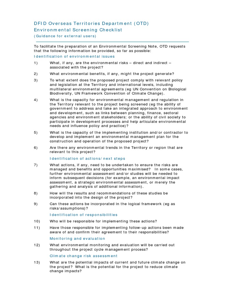 DFID Environmental Screening Checklist | PDF | Environmental Impact Assessment | Environmental ...