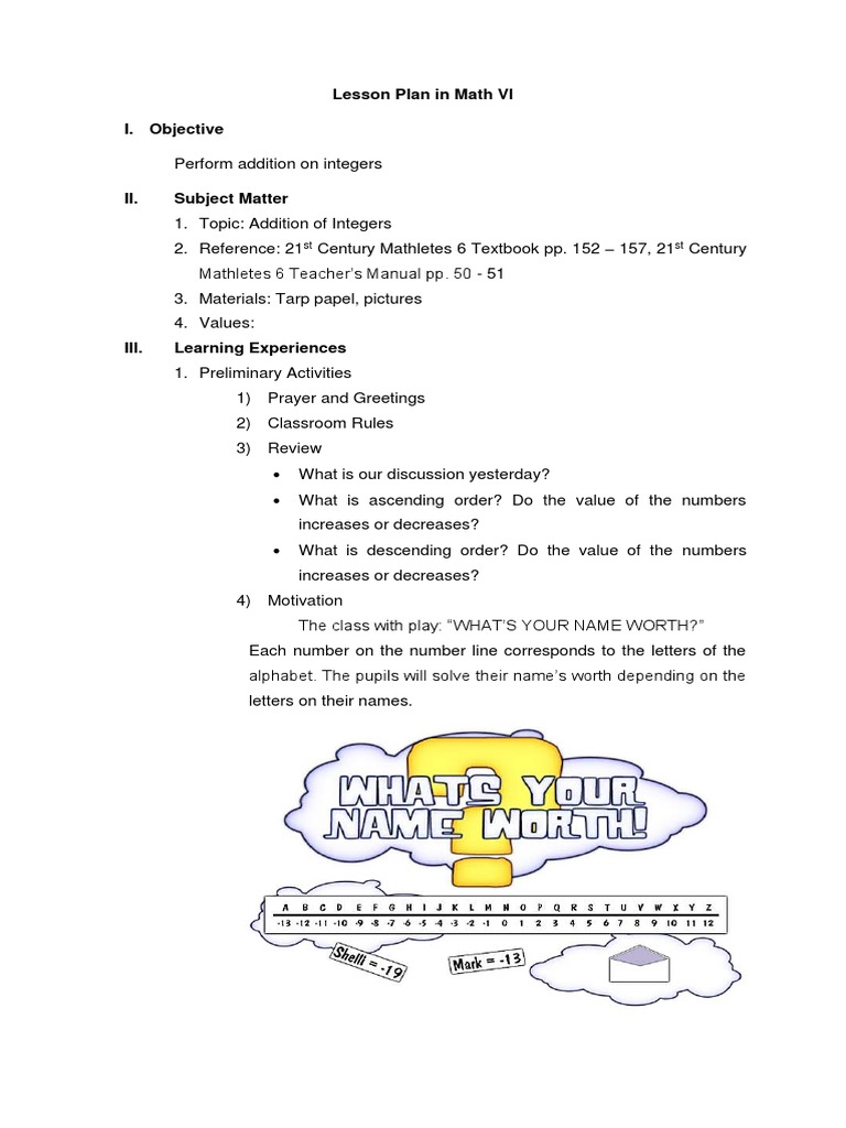 Lesson Plan in Math VI - Addition of Integers | PDF | Lesson Plan ...