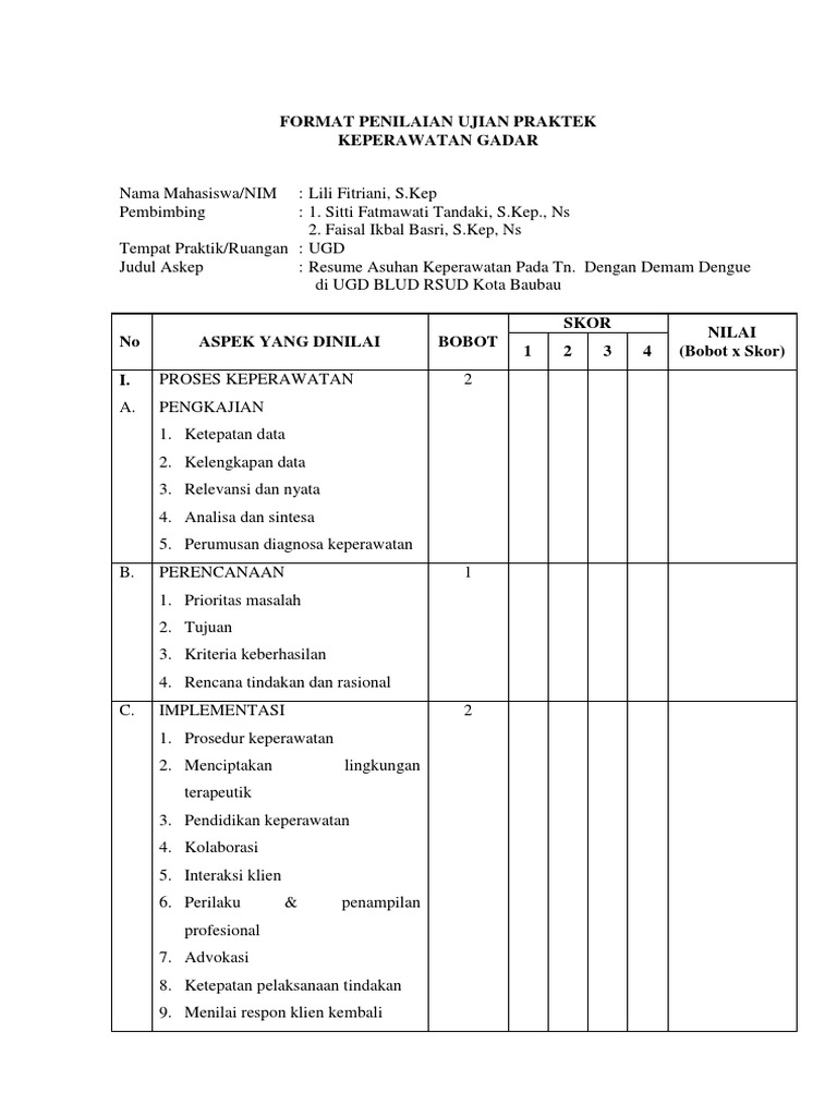 Penilaian Ujian Praktik Keperawatan Gadar | PDF