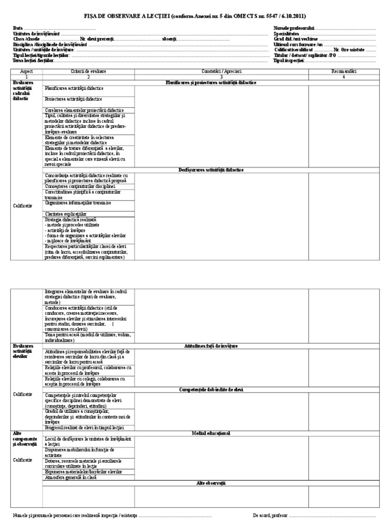 2 Fisa de Observatie A Lectiei | PDF