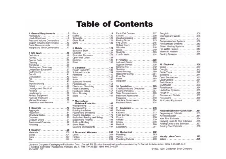 Construction Estimating Reference Data Table of Contents | PDF