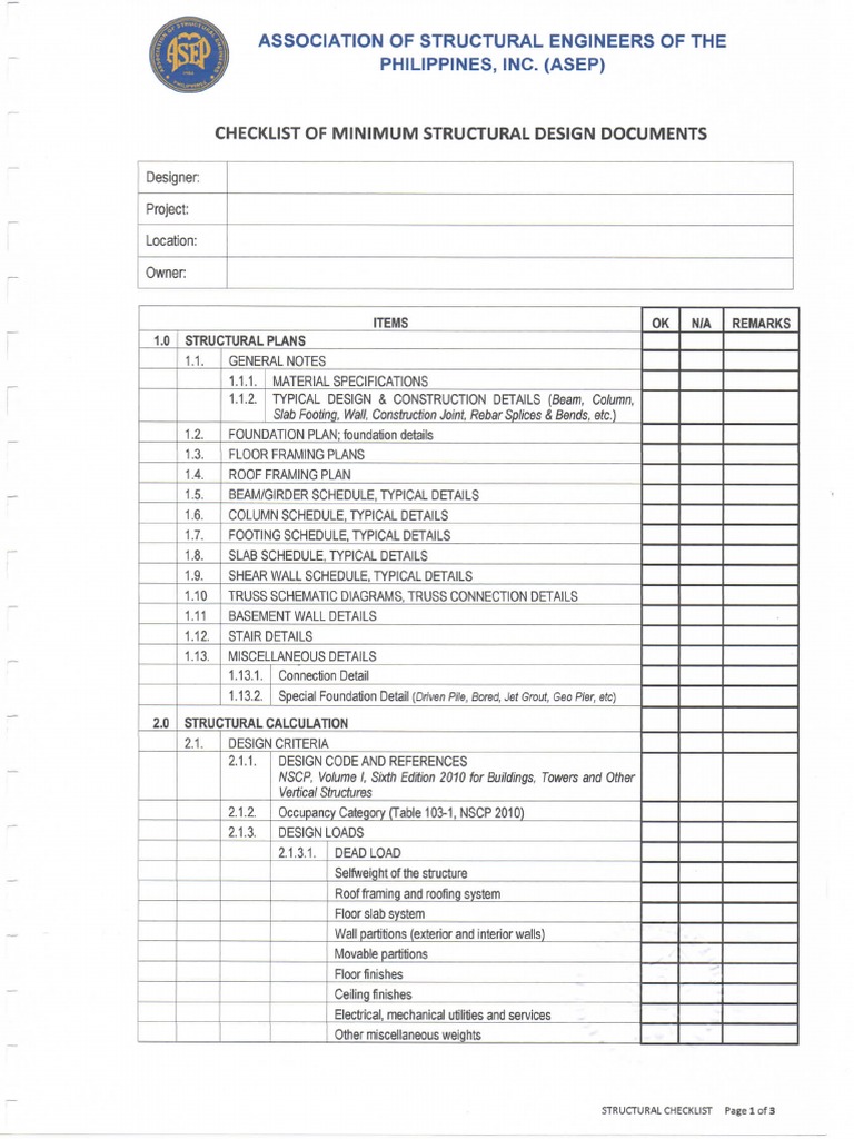 ASEP Checklist of Minimum Structural Design Documents