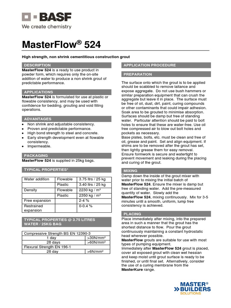 Basf Masterflow 524 Tds | PDF | Concrete | Materials