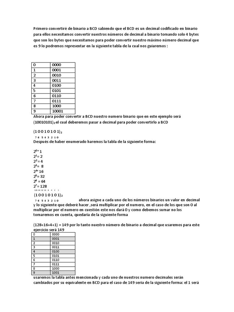 Primero Convertiré De Binario A Bcd Sabiendo Que El Bcd Es Un Decimal