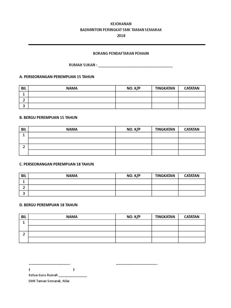 Borang Penyertaan Kejohanan Bad 2018 | PDF