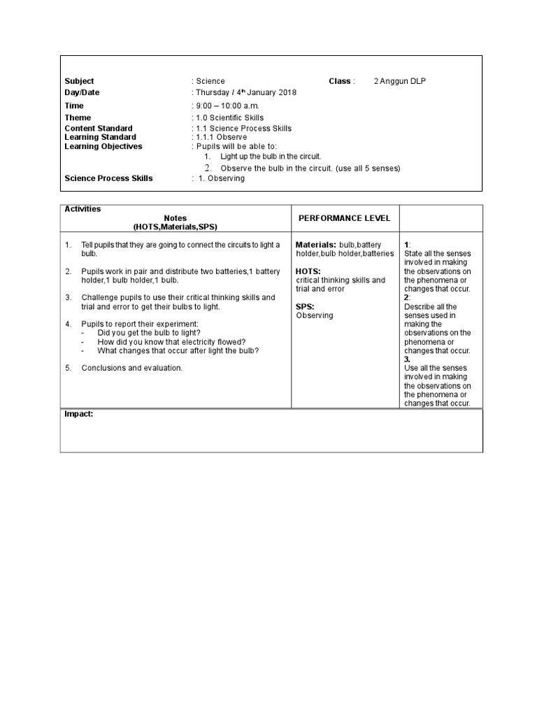 Science Year 2 Lesson Note - Lime | PDF | Senses | Critical Thinking