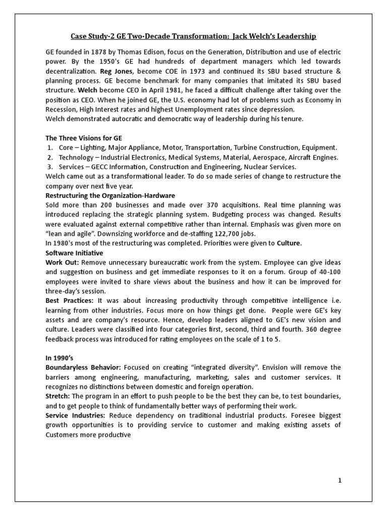 GE Two-Decade Transformation Jack Welchs Leadership | PDF | General ...