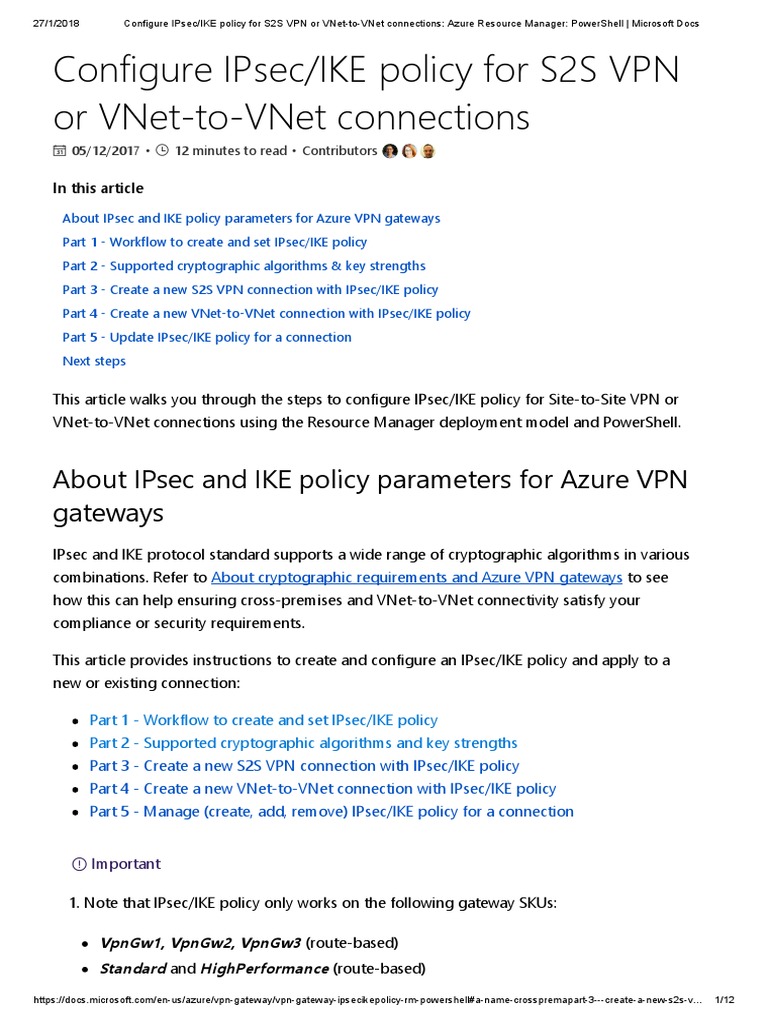 Configure IPsec - IKE Policy For S2S VPN or VNet-To-VNet Connections - Azure Resource Manager ...