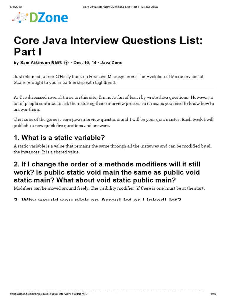 Core Java Interview Questions List Part I Dzone Java Pdf Method Computer Programming