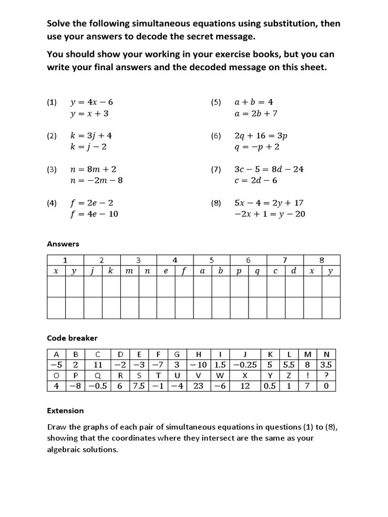 Simultaneous Equations by Substitution Codebreaker | PDF