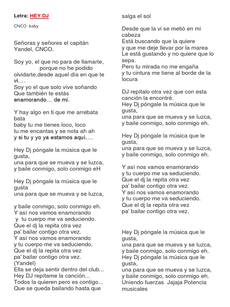 Letra Hey DJ | PDF | Ocio | Entretenimiento (general)