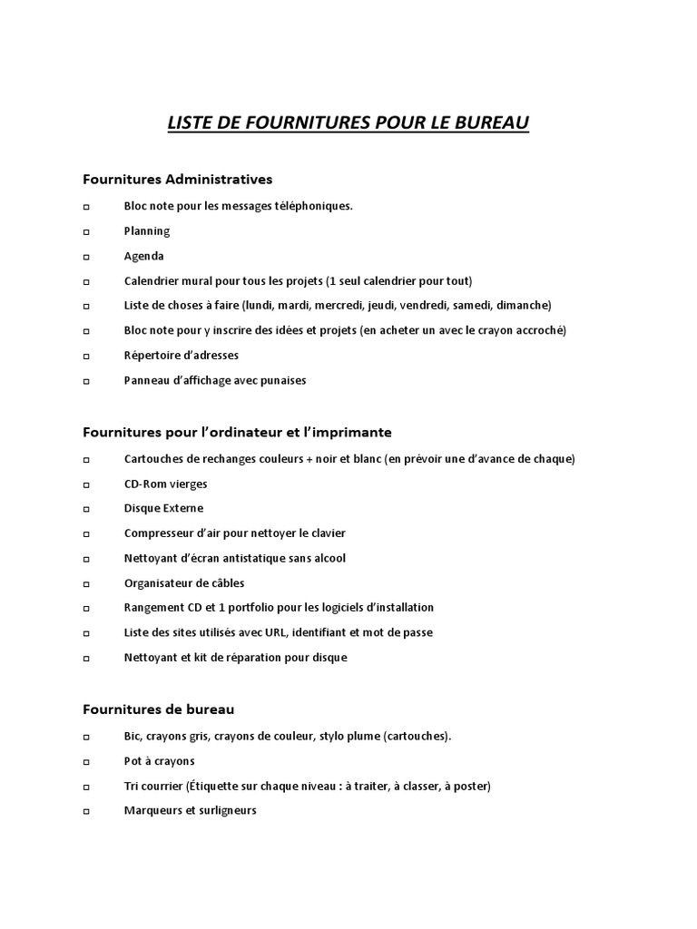 Liste de Fournitures Pour Le Bureau1 | PDF | Papier | Imprimante ...