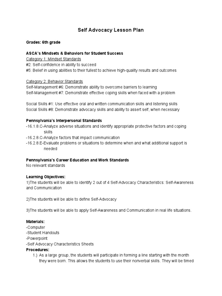 Self Advocacy Lesson Plan: Grades: 6th Grade ASCA's Mindsets ...