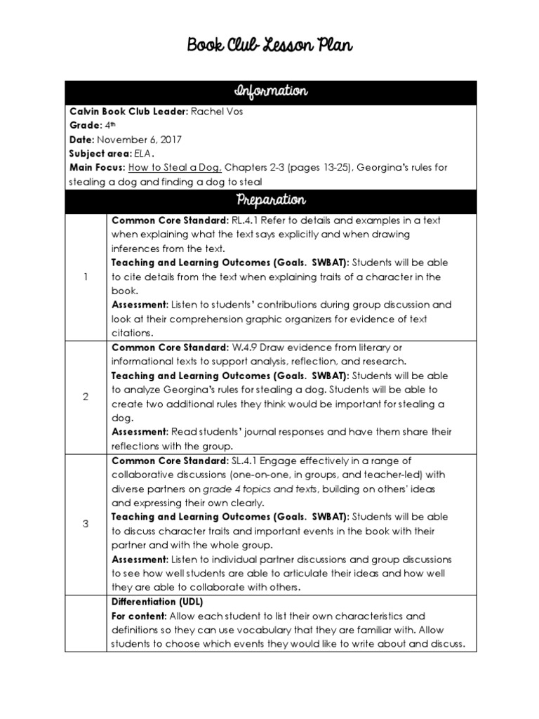 4th Grade Book Club Lesson Plan | PDF | Teaching | Applied Psychology