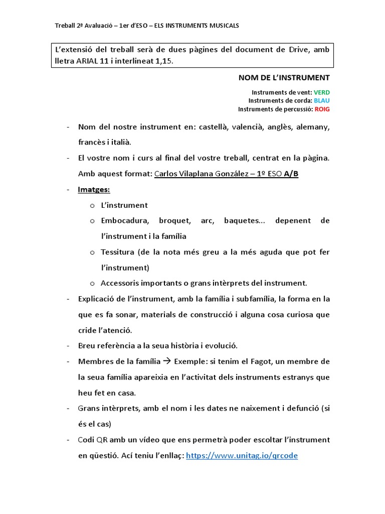 Treball 2 Avaluació - 1er ESO - 2º AV. - Els Instruments | PDF