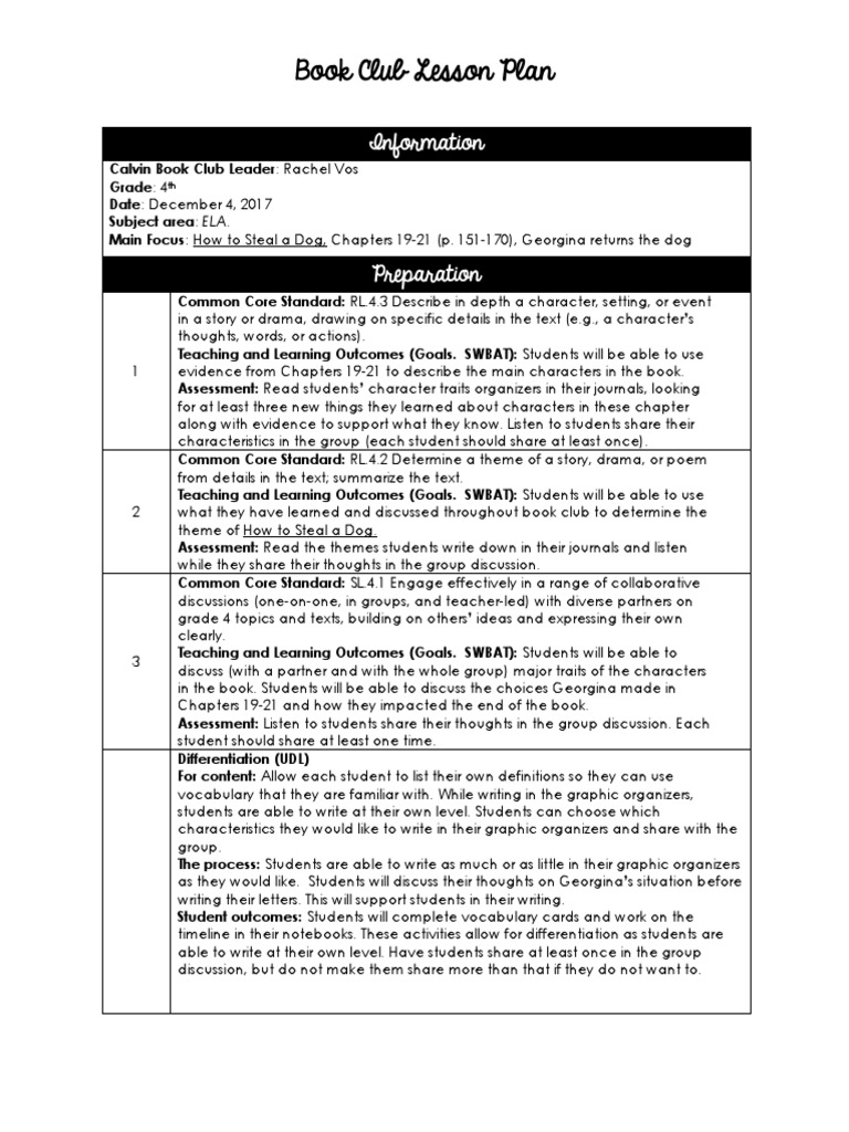 4th Grade Book Club Lesson Plan | PDF | Lesson Plan | Common Core State ...
