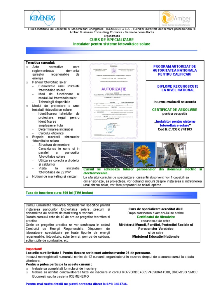 Curs Instruire Instalator Sisteme Fotovoltaice Solare PDF | PDF