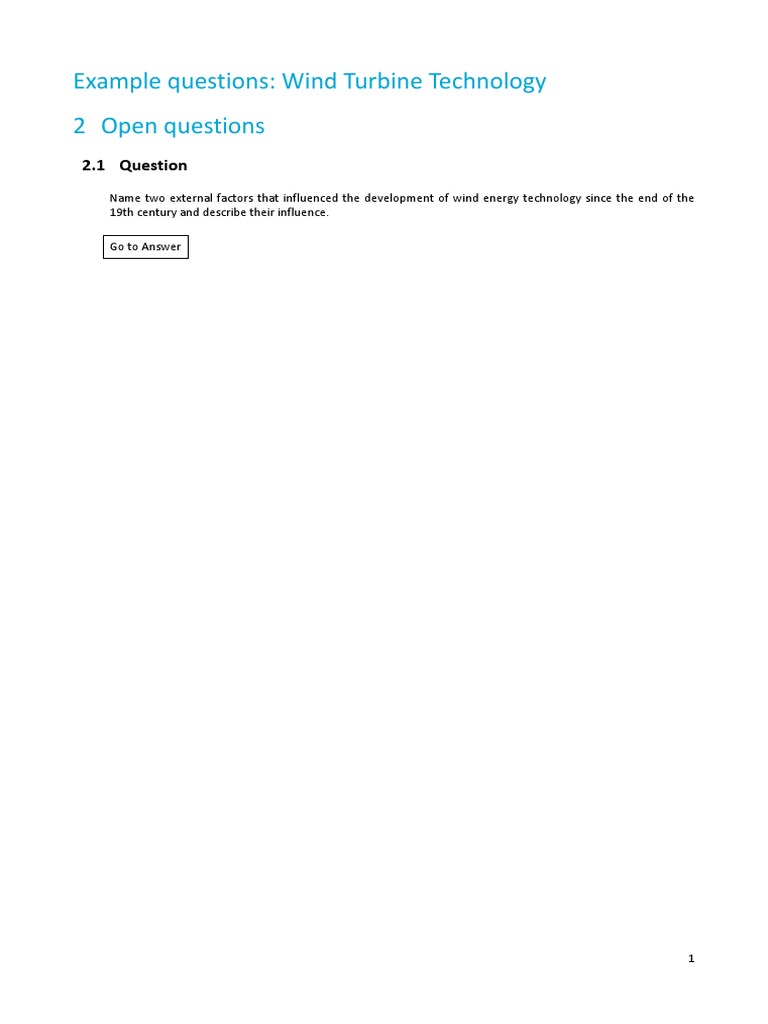 Example Questions: Wind Turbine Technology 2 Open Questions | PDF ...