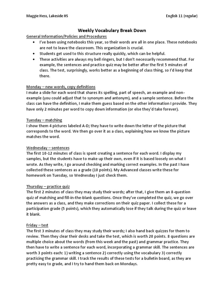 Weekly Vocabulary Break Down | PDF | Quiz | Cognitive Science
