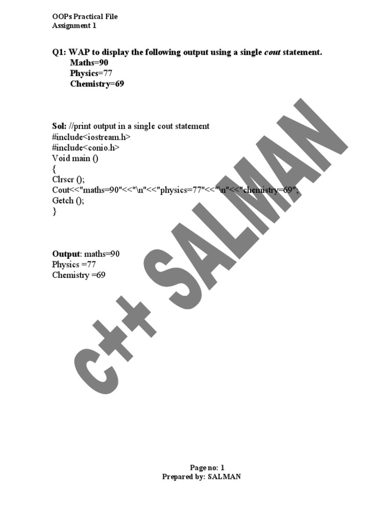 Q1: WAP To Display The Following Output Using A Single Cout Statement. Maths 90 Physics 77 ...
