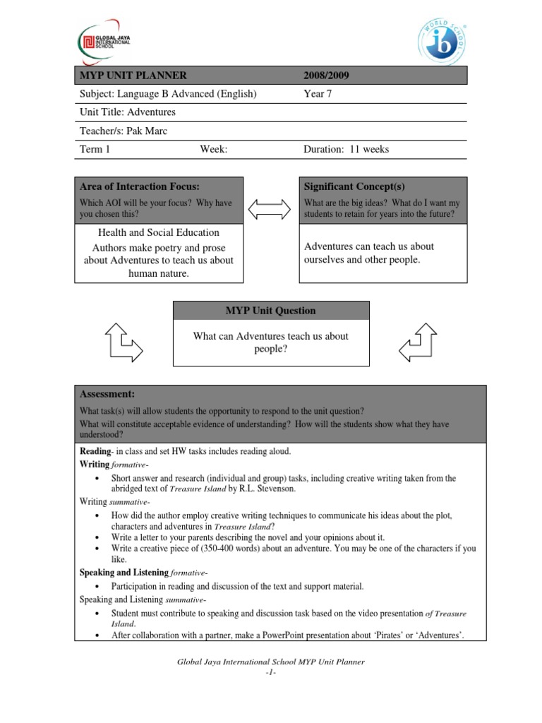 Myp Unit Plan English MK Year 7 Lang B Advanced Adventures | PDF ...