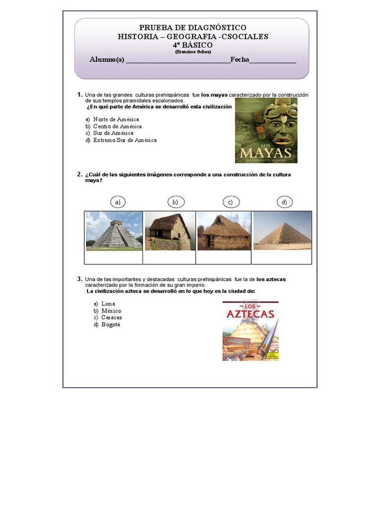 4º Básico Historia Y Geografía Prueba de Diagnóstico | PDF | Ciencias sociales