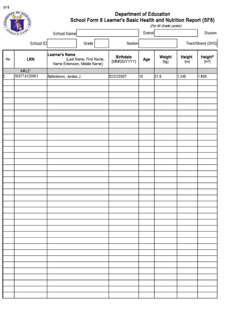School Form 8 SF8 Learner Basic Health and Nutrition Report (1) | Body ...