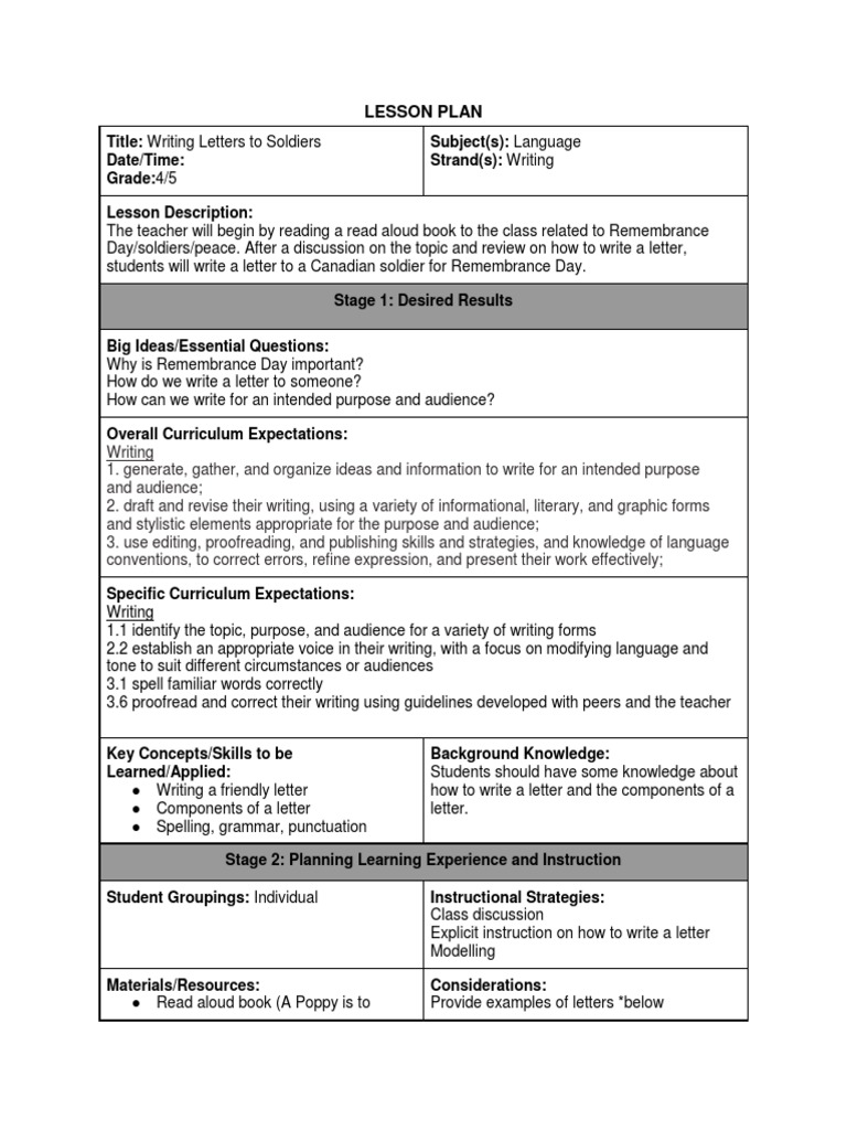 Letter To Soldiers - Lesson Plan | PDF | Lesson Plan | Proofreading