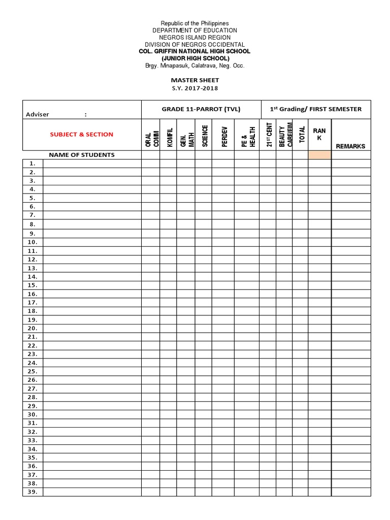 Master Sheet: Subject & Section | PDF